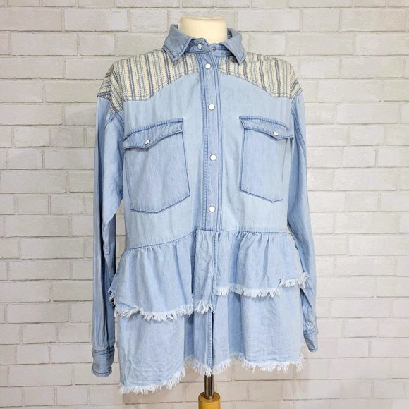 Zara | Tops | Zara Denim Chambray Frayed Boho Western Button Down Top ...